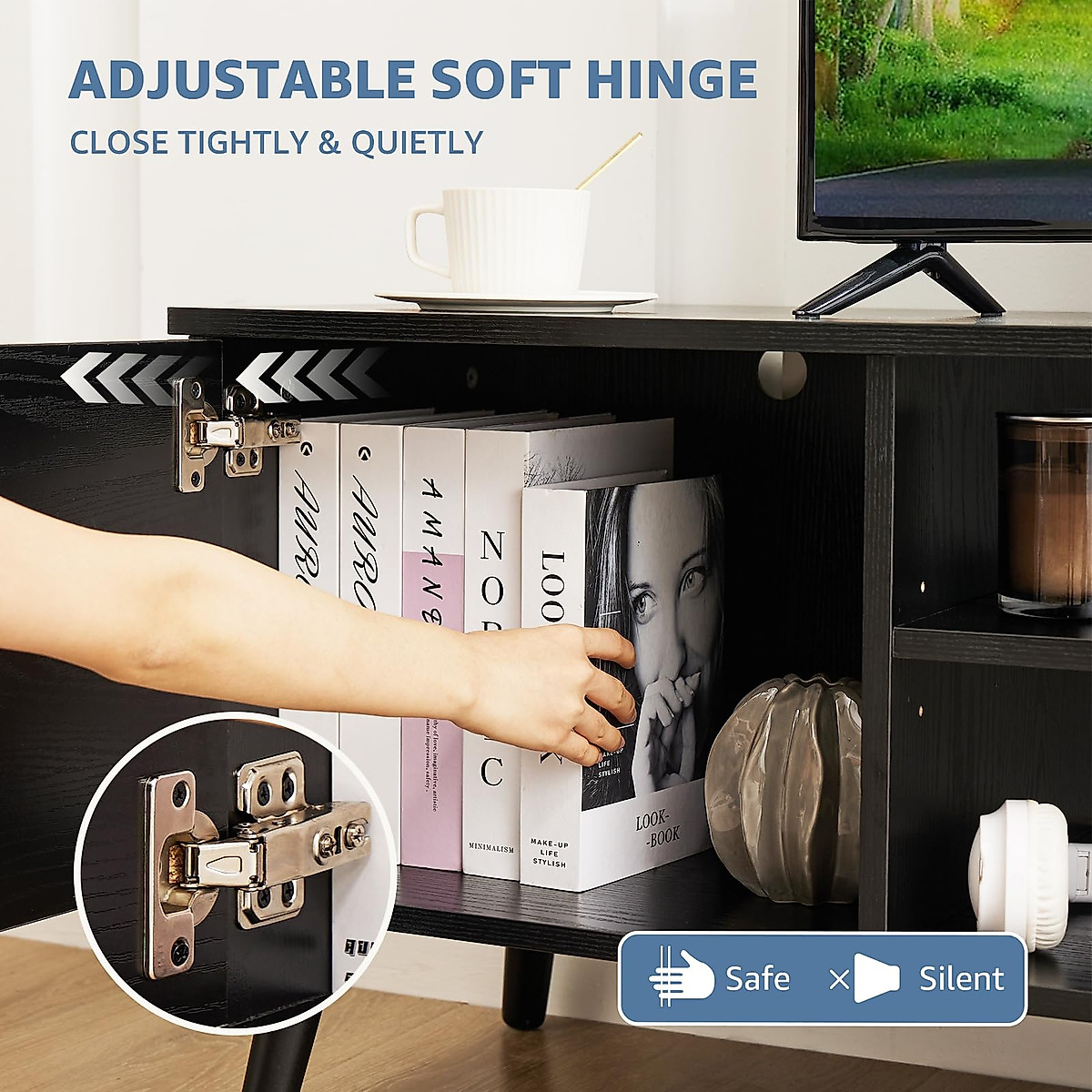 DUMOS TV Stand for 55 60 inch TV, Entertainment Center with Storage Cabinet, Mid Century Modern Media Console Table, Adjustable Hinge, Wooden Television Furniture for Living Room, Office - Black