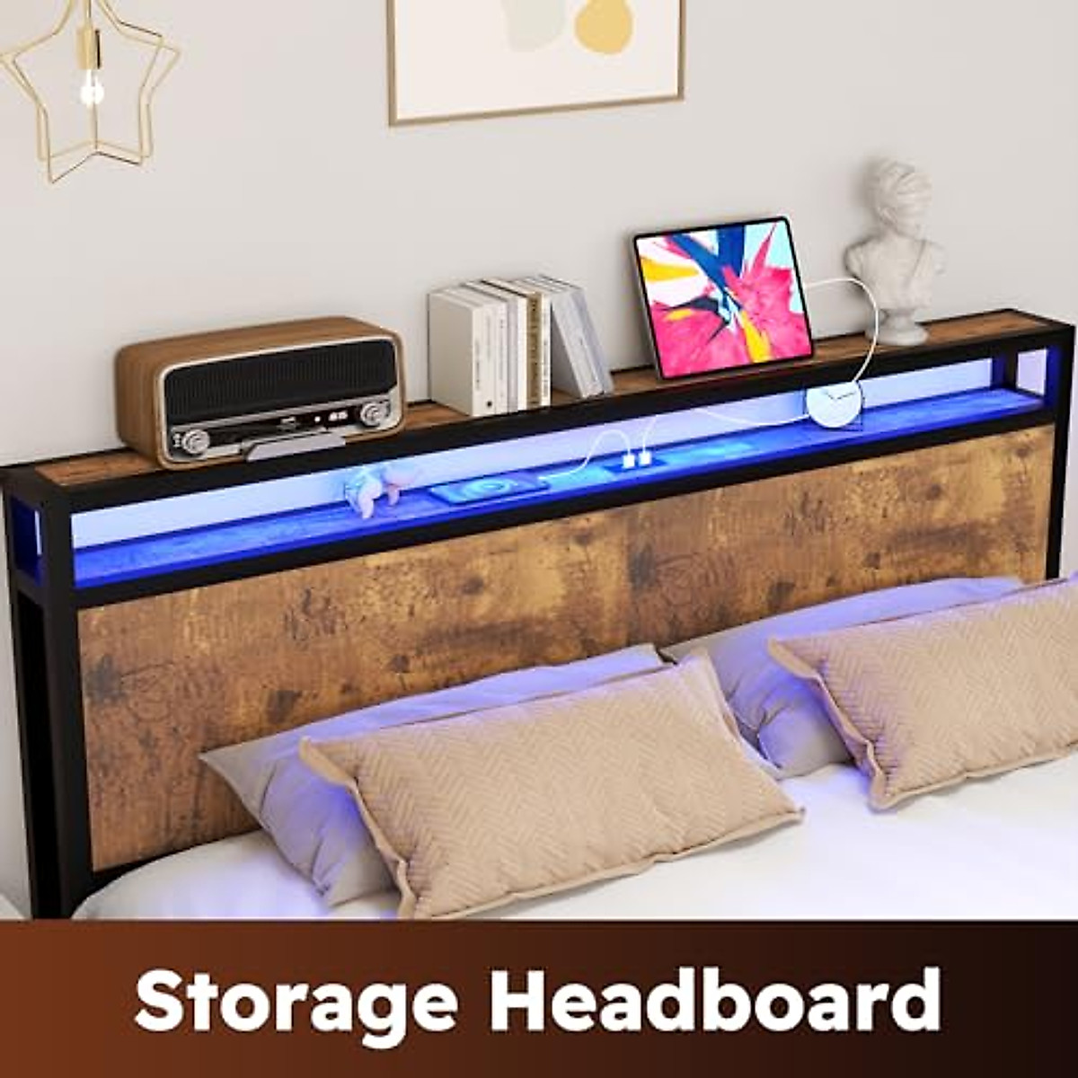 Kiivakii Full Bed Frame with Headboard Storage, LED Platform Bed with USB Ports for Bedroom Farmhouse, Heavy Duty, Wooden Board Decoration, Noise Free No Box Spring Needed, Rustic Brown