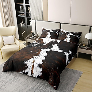 Cowhide Print 100% Cotton Duvet Cover for Kids Adults,Brown White Cow Fur Pattern Bedding Set King,Rustic Farmhouse Style Wild Animal Comforter Cover 3 Pcs with 2 Pillowcases