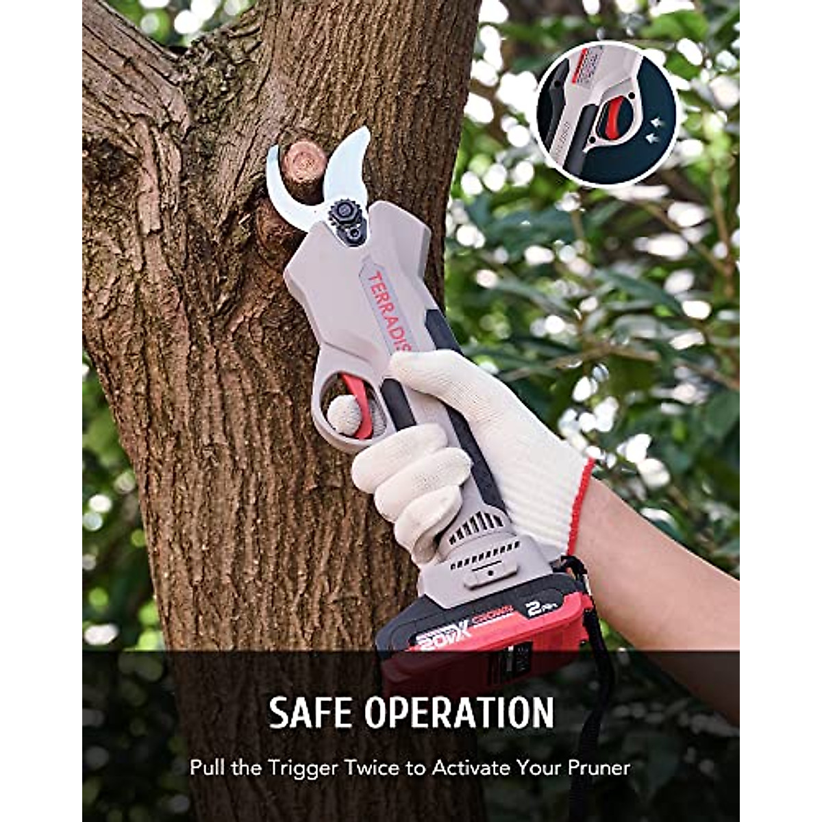 TERRADISE Electric Pruning Shears for Gardening, Power Garden Shears with Rechargeable 2000mAh Battery & Sheath, Cordless Hand Pruner w Adjustable Cutting Width, Hand Held Tree Trimmer Hedge Shears