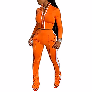 Womens Striped Two Piece Outfit Tracksuits Casual Zip Up Jackets + Bodycon Long Pants Set L Orange