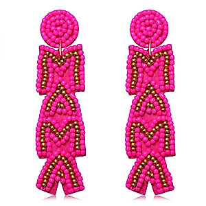 Boderier Mother's Day Beaded Earrings Long Rhinestone MAMA Beaded Drop Earrings Mother's Gift (Hot Pink)
