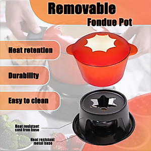 Mabeeze Cast Iron Fondue Set for Cheese, Chocolate or Meat - Includes Enameled 1.6 Qt Pot, 6 Fondue Forks, Burner, Stand, Base and Mitts