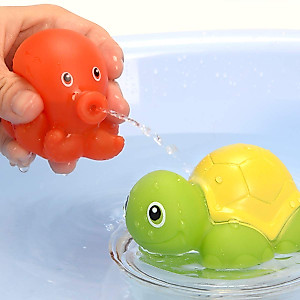 Bath Toy Baby Bathtub Toys, Sea Animals Squirter Toys, Water Spraying Discoloration Floating Animals Fishing Net, Bathroom Floating Pool Fishing Play Set for Toddler Kids, Set of 7