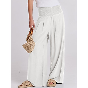 ANRABESS Women Linen Palazzo Pants Summer Boho Wide Leg High Waist Casual Lounge Pant 2025 Beach Travel Vacation Outfits White X-Large