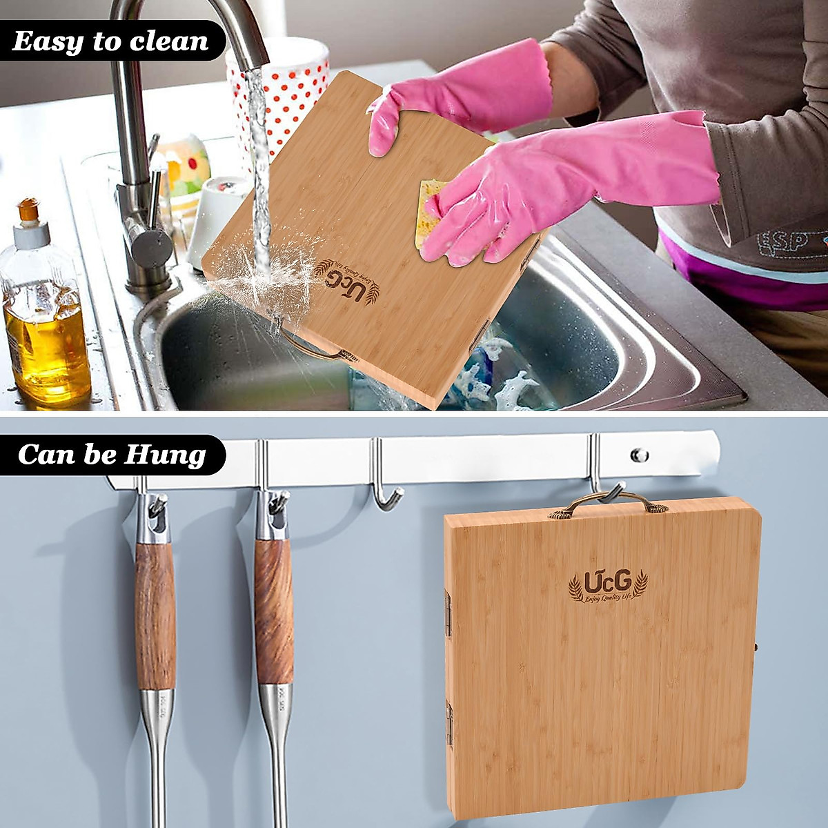 UTCG Bamboo Charcuterie Board Set - Large Folding Cheese Board with Knife Set - Unique White Elephant Gift, House Warming Gift, Wedding Gift - 22.8 x 11.4 Inches