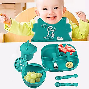 12Pcs Silicone Baby Feeding Set, Baby Led Weaning Supplies-BPA free Toddler Self Feeding sets,Baby Bib, Baby Suction plate,Baby Spoon Fork for Baby 6+ Months (Blackish Green)