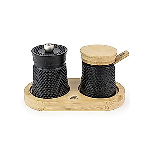 Peugeot Bali Black Cast-Iron Pepper Mill & Salt Cellar With Wooden Tray Gift Boxed- With Wooden Spice Scoop