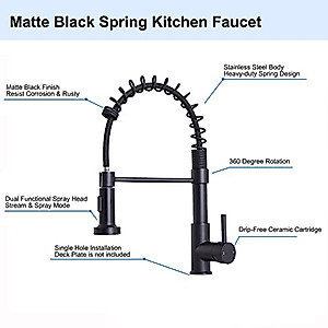 SHACO Matte Black Kitchen Faucet with Pull Down Sprayer, Modern Stainless Steel Single Handle Spring Kitchen Faucets for Farmhouse Outdoor RV Camper Laundry Prep Wet Bar Sink 1 Hole