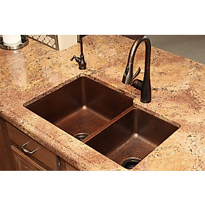 Premier Copper Products K60DB33229 33-Inch Hammered Copper Kitchen 60/40 Double Basin Sink, Oil Rubbed Bronze