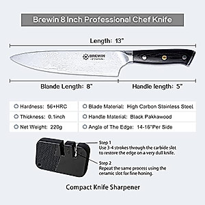 Brewin Kitchen Knife with Sharpener, Razor Sharp 8 Inch Chef Knife with Black Pakkawood Handle German High Carbon Stainless Steel Full Tang Professional Cooking Knives with Gift Box