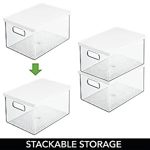 mDesign Plastic Pantry Storage Box Container with Lid and Built-In Handles - Organization for Flour, Cereal, Pasta, Rice, or Food in Kitchen Cupboard, Ligne Collection, Clear/White