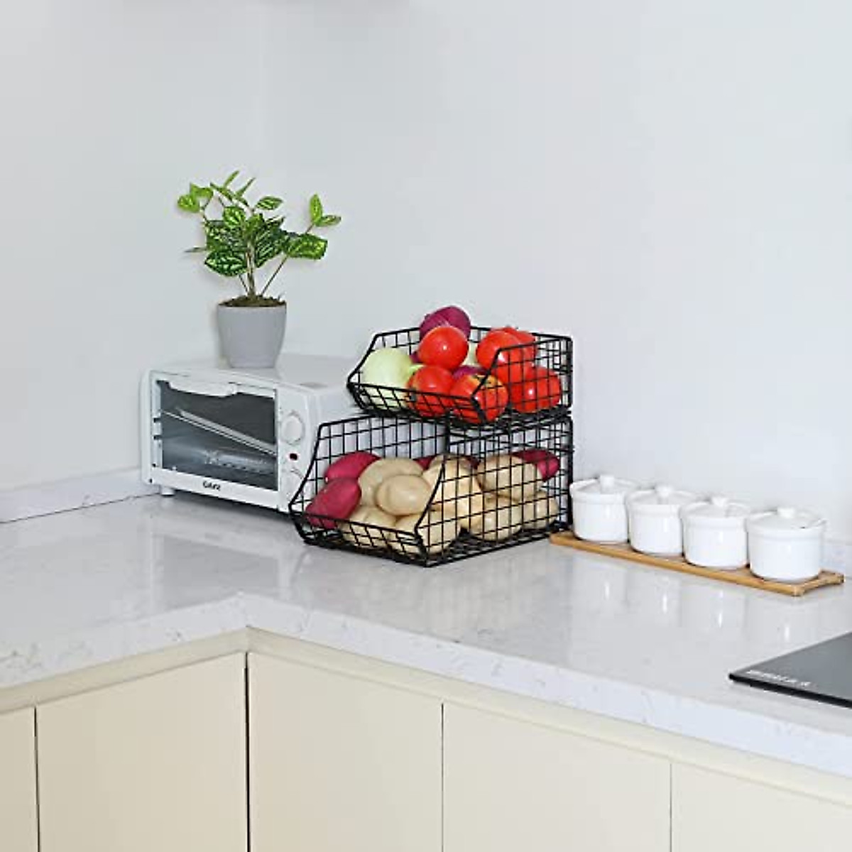 LUMAMU 2-Tier Stackable Wire Baskets for Storage Pantry, Hanging Wall Basket with Removable Dividers Countertop Basket Organizer for Snack Fruit Veggies Canned Food, Black