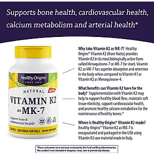 Healthy Origins Vitamin K2 as MK-7, 100 mcg - K2 Vitamins for Heart Health, Bone Health & Calcium Metabolism - Gluten-Free Supplements - 180 Veggie Softgels