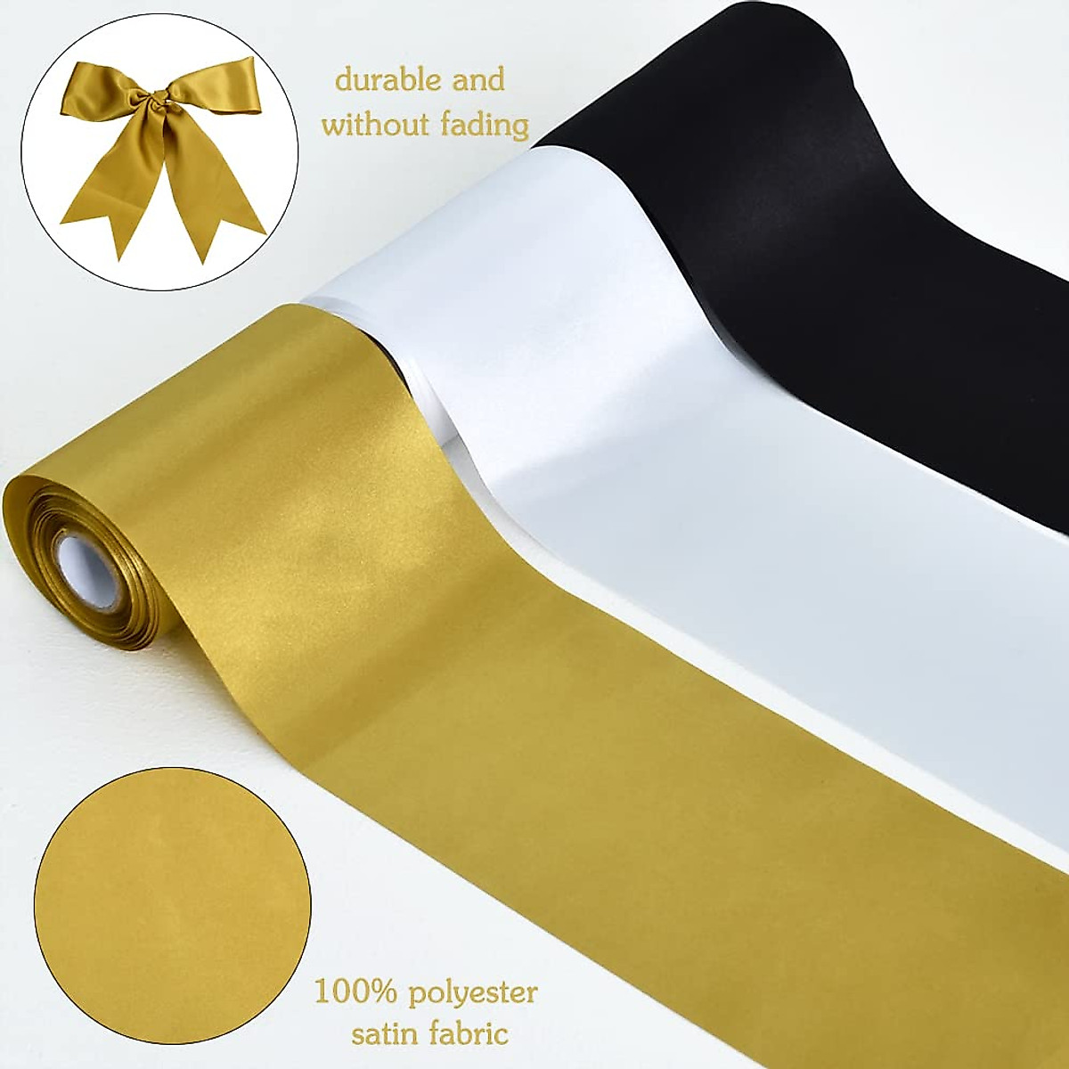 TONIFUL 3 Rolls 4 Inch Wide Ribbons, Black Gold White Satin Ribbons Set for Cutting Sewing Wedding 40th 60th 80th Birthday Party Decoration, Chair Sash Table Runner Outdoor Yard, Graduation Party