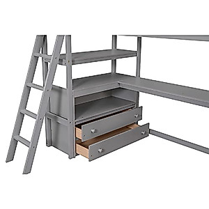 DEYOBED Twin Size Wooden Loft Bed Frame with Desk, Shelves, and Storage Drawers - Where Sleep, Study, and Storage Converge for Kids and Teens