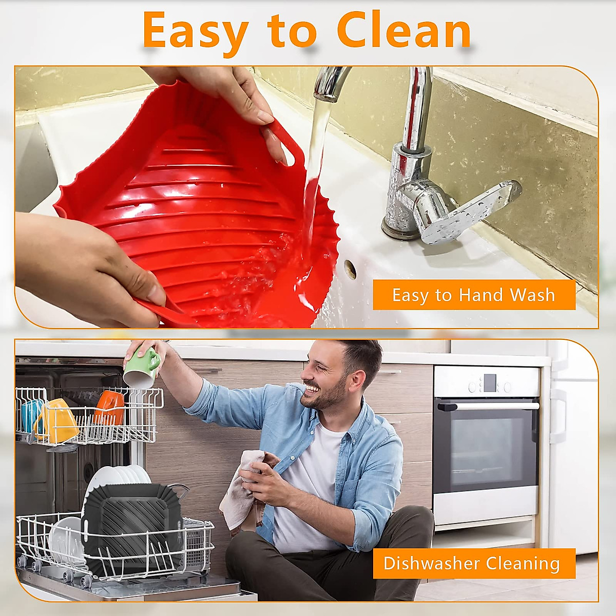 2 Pack Air Fryer Silicone Liners, 8 Inch Square Air Fryer Liners for 4 to 7 QT, Reusable Silicone Air Fryer Liners, Air Fryer Accessories, AirFryer Liners Silicone (Black & Red)