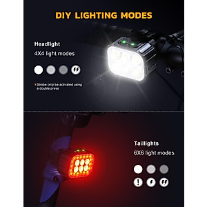 Bike Lights Set Ultra Bright, Cuvccn Bicycle Light Rechargeable with 6 Spot & Flood Beams, IP65 Waterproof Bike Lights for Night Riding, DIY 4X4 + 6X6 Modes Bike Headlight and Tail Light Reflectors