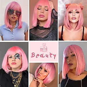 AISI BEAUTY Pink Bob Wigs with Bangs 12 Inch Short Straight Bob Wigs Colorful Synthetic Cosplay Daily Party Wig for Women