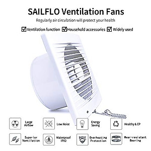 SAILFLO 4 Inch Wall-Mounted Exhaust Fan, 12W 130m³/h Ventilation Extractor with Anti-backflow Check Valve Chain Switch for Window Duct Glass Grow Tent Bathroom Vents - 6"×6" Grid Panel - Small Size