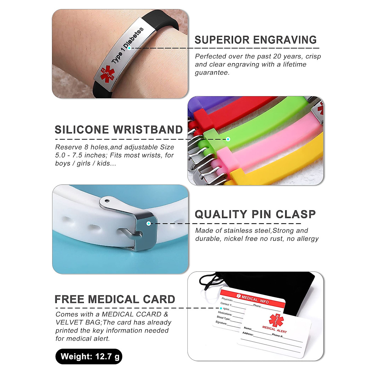 JF.JEWELRY Personalized Medical Alert ID Bracelet | Silicone & Stainless Steel Medical Emergency Bracelet Free Engraved,Adjustable 5.0-7.5 inches