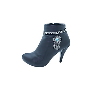 TFJ Women Western Fashion Jewelry Boot Bracelet Silver Metal Chain Shoe Native Style Feather Charm Turquoise Blue