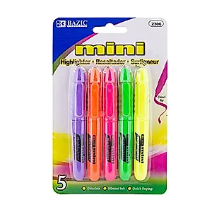 BAZIC Mini Highlighter Pen Assorted Color, Chisel Tip Broad Fine Line Highlighters Unscented (5/Pack), 1-Pack