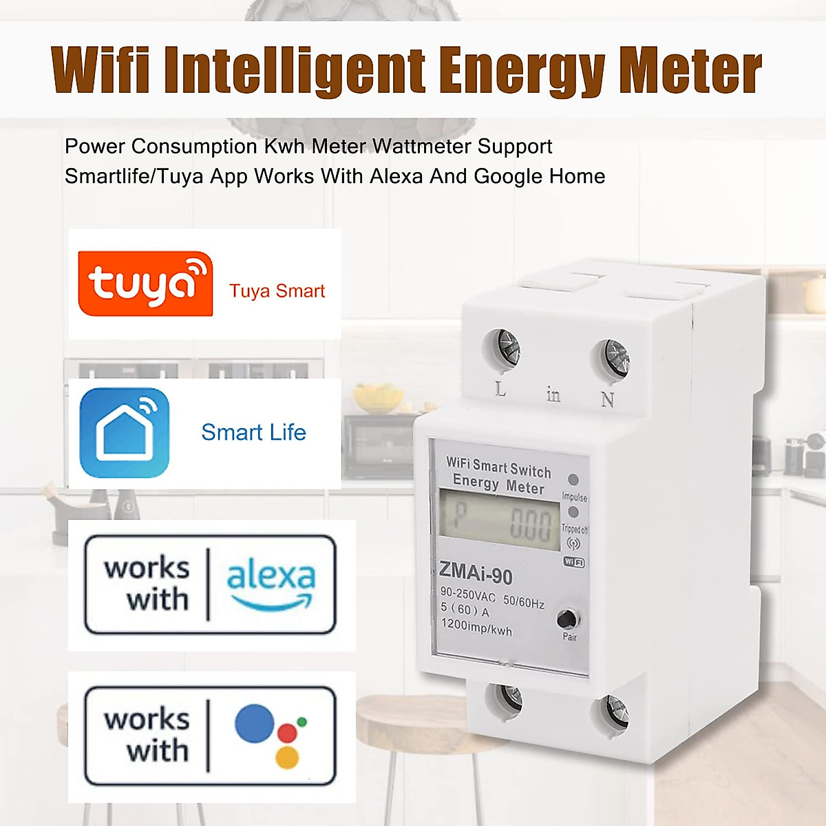 Splenssy Single-Phase Din Rail WiFi Intelligent Energy Meter Power Consumption Kwh Meter Wattmeter Support Smartlife/Tuya APP Control Compatible with Alexa and Google Home