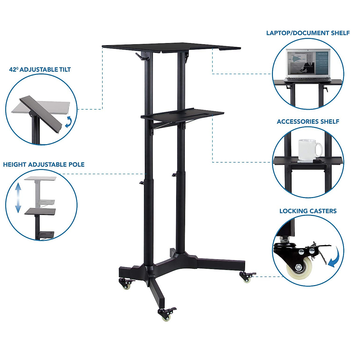 Mount-It! Mobile Standing Height Desk, Portable Podium and Rolling Presentation Lectern, Laptop Stand Up Desk with Caster Wheels (MI-7971)