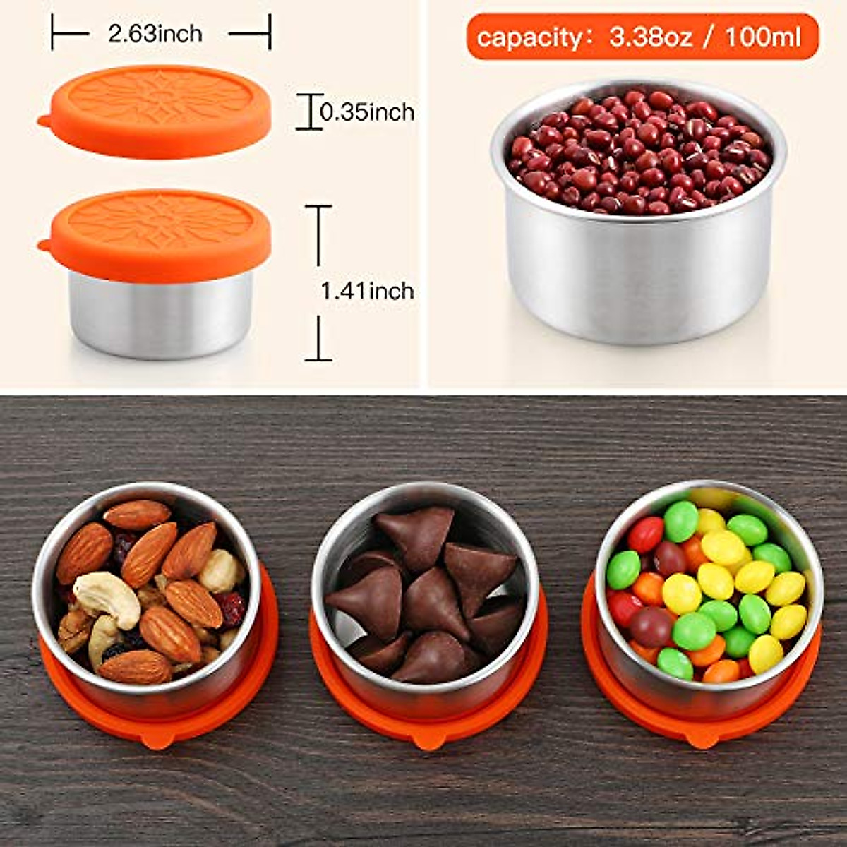 SUKKI Stainless Steel Condiment Containers - 3 x 3.4oz Salad Dressing Containers with Food Grade and Leakproof Silicone Lids - for Snacks, Desserts, Souffle, Baby Food