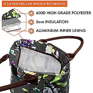 OPUX Large Lunch Bags for Women, Insulated Lunch Tote for Adult Women Work, Tall Reusable Lunch Box Purse for Girls with Pockets for Work Office, Lunch Cooler for Meal Prep, 15 Cans (Floral Gray)