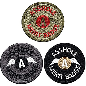 COLIBROX 3 Pack Asshole Merit Badge Funny Patch Embroidered Military Morale Tactical Patches Hook & Loop Backing Emblem (2.48” in Diameter)