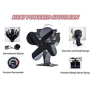 HEUNGBERANT Wood Stove Fan Wood Burning Stove Fan Heat Powered Fireplace Fan for Wood/Log Burner/Fireplace (updated I shape with thermometer)