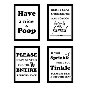 Bathroom Quotes and Sayings Art Prints, Set of Four Photos 8x11 Unframed | Aesthetic Bath Decorations, Great Gift for Restroom and Toilet Decor, Black and White Funny Home Wall Pictures, Hillarious/Humorous, Perfect for Housewarming Gifts Under $10