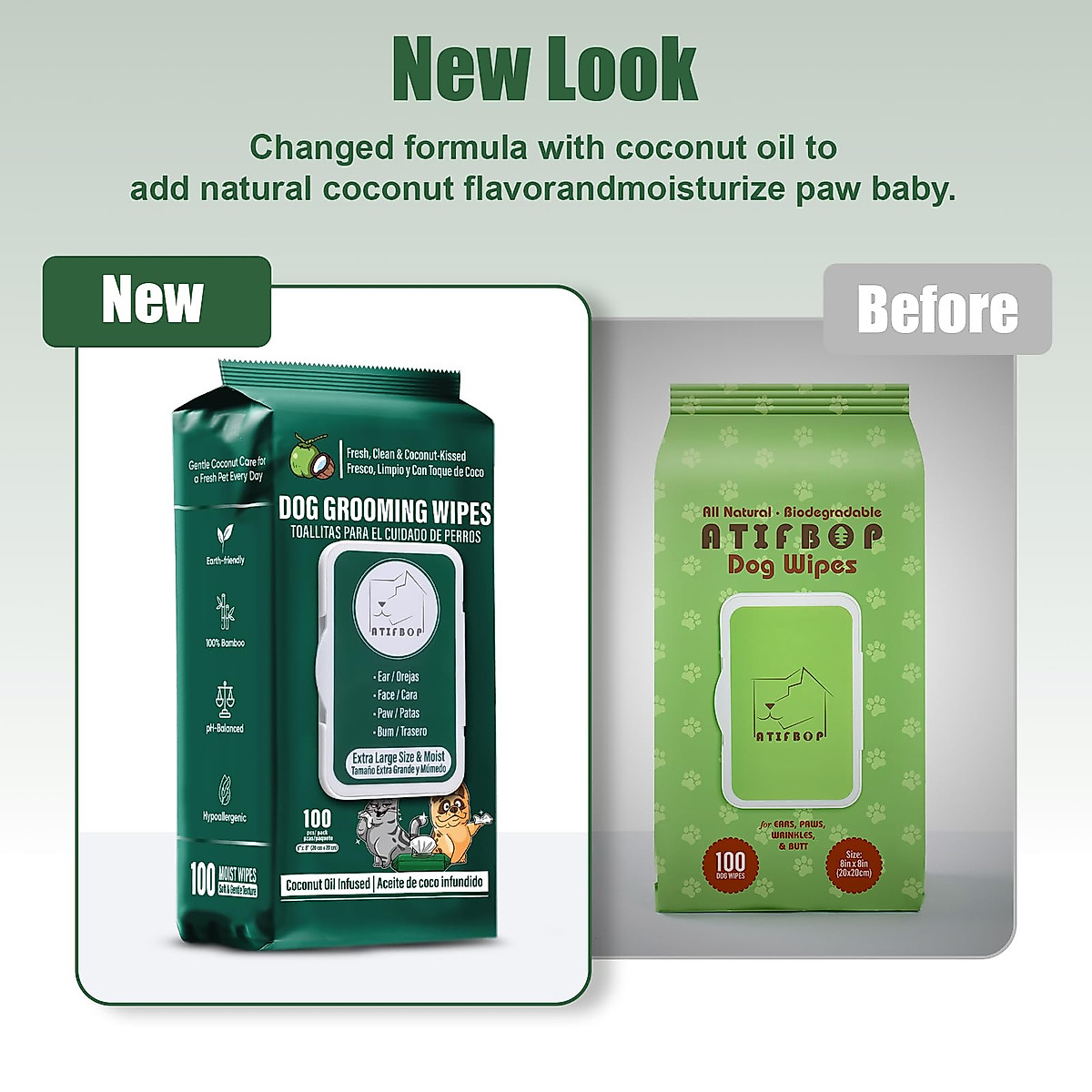 ATIFBOP Dog Wipes for Paws and Bum, Hypoallergenic Pet Grooming Wipes Natural and Gental, 100 Wipes for Cleaning & Grooming Moisturizing Coconut