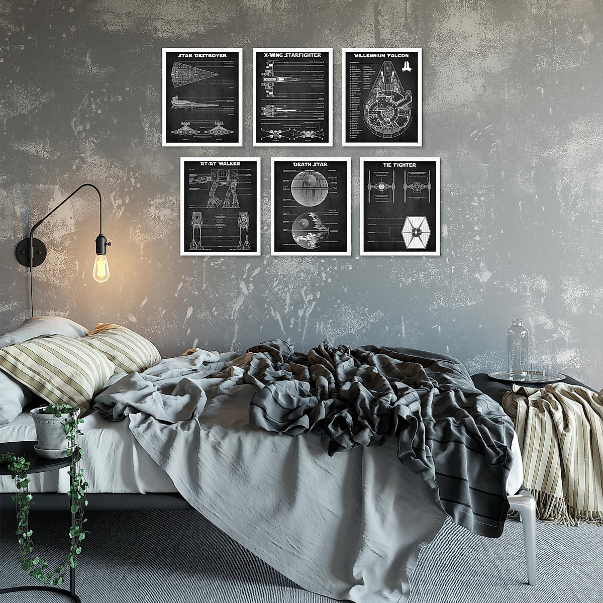 BigWig Prints: Star Wars Blueprints - Star Wars Poster, Starwars Wall Decor, Starwars Posters for Walls, Deathstar, Millennium Falcon, X Wing, Tie Fighter, AT-AT Gifts - Unframed Set of 6 (8x10)
