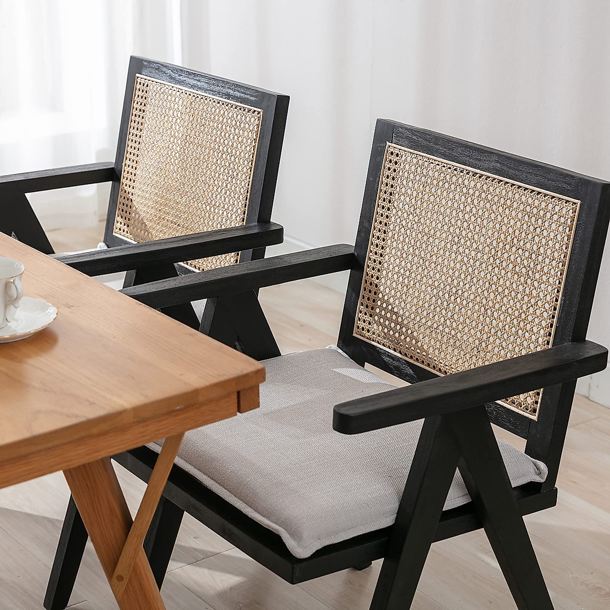 Guyou French Rattan Woven Dining Chairs Set of 6, Upholstered Dining Room Arm Chairs with Cane Back Mid Century Retro Side Chairs (Black Finish and Cream Fabric)