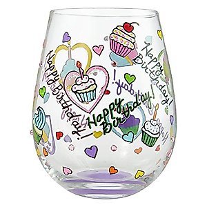 Enesco Designs by Lolita Birthday Cupcakes Hand-Painted Artisan Stemless Wine Glass, 1 Count (Pack of 1), Multicolor