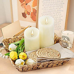 Decorative Tray Square Woven Storage Baskets with Wood Bead Handles Boho Coffee Table Decor Hand-Woven Wicker Serving Tray for Coffee/Fruit