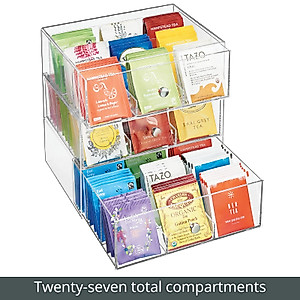mDesign Plastic Tea Bag Caddy Box Storage Container Organizer Holder with 3 Drawers - for Kitchen Pantry, Cabinet, Countertop - Holds Coffee, Sugar Packets, Drink Pods - Clear