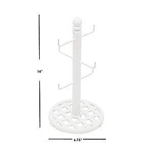 Home Basics Weave 6 Hook Cast Iron Mug Tree, White | Round Base | Rubber Feet | Strong Branches to Hold Mugs