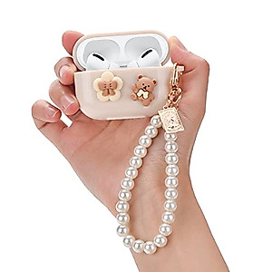 Cute AirPod Pro 2 Case with Pearl Wrist Chain Flower Bear Design Soft Protective Cover Compatible with AirPods Pro 2nd Generation 2022 Case for Women and Girls (Brown)