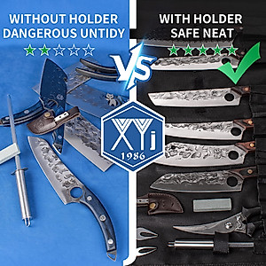 Authentic XYJ Since 1986,Camp Cooking Knives Set,High Carbon Steel Slicing Chef Knife With Kitchen Scissors,Carry Bag,Sharpener Rod,Butcher Meat Vegetable Knife,Full Tang,Hammer Finished