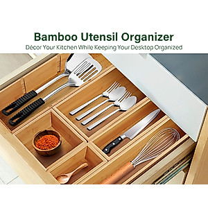 Kootek Kitchen Drawer Organizer for Utensils, 6 Pcs 8 Grid Silverware Tray Bamboo Drawer Organizers Cutlery Storage with Removable Dividers for Pantry Closet Desk Office