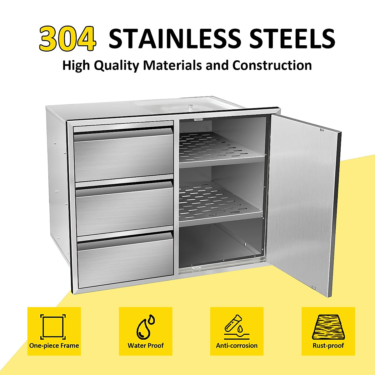 SGOLAN Outdoor Kitchen Door Drawer Combo Cabinet 28" W x 22" H x 19.5" D Stainless Steel Built-in Triple Drawers&Right Access Door Combo Cabinet for Outdoor Kitchen Island, Patio Grill Station