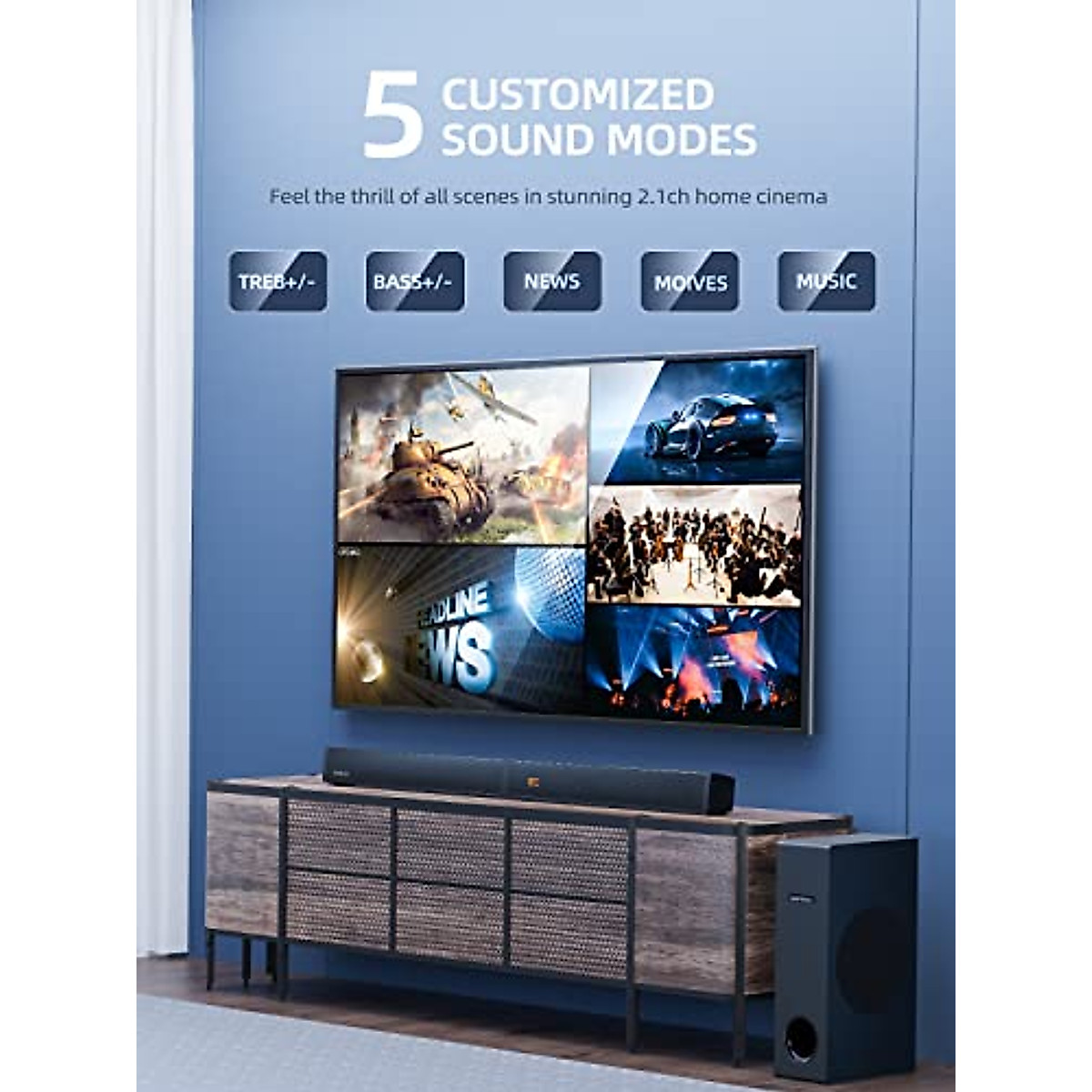 MEREDO Sound bar with Subwoofer 180W Detachable 2 in 1 Sound Bars for TV 2.1CH Treble & Bass Adjust 5 EQ Modes ARC/Optical/AUX/Bluetooth 12L Deep Bass for Home Theater Wall Mount-37 Inch