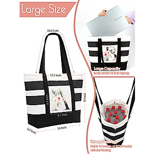 PARBEE Initial Canvas Tote Bag, Stripe & Floral Monogrammed Tote Bag with Pocket Top Zipper, Large Beach Bags Monogram Gift for Women Bridal Shower Wedding Birthday Mom Teachers, D