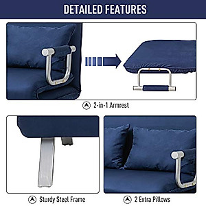 HOMCOM Convertible Sofa Bed Sleeper Chair, 5 Position Adjustable Backrest, Armchair Sleeper with Pillows, Leisure Chaise Lounge Couch, Blue