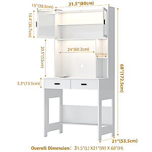 LVSOMT Home Office Desk with Hutch, Modern Computer Gaming Desk with LED Lights & Power Outlets, White Study Table with Storage Shelves, Teen Writing Desk for Bedroom, 31.5'' W