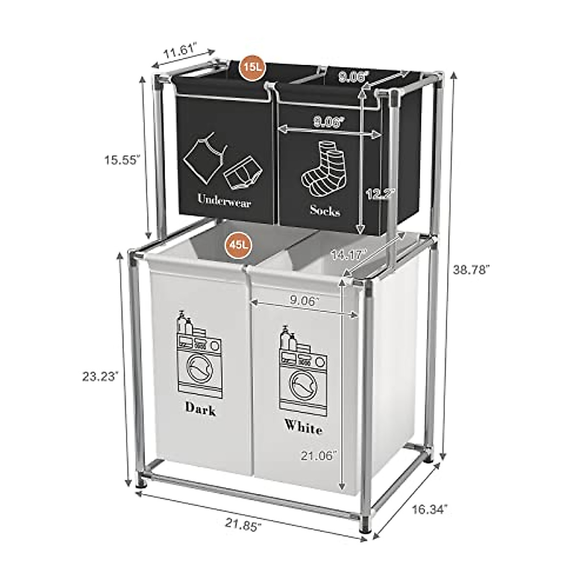 2-Tier Vertical Laundry Sorter with 4 Removable Bags, 4 Section Laundry Basket Organizer Hamper for Laundry Room, Small Space and Closet
